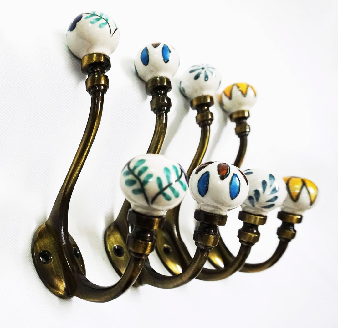 4 X Ceramic Hooks Set Shabby Chic Vintage Style Coat Hooks Hanger Door ...