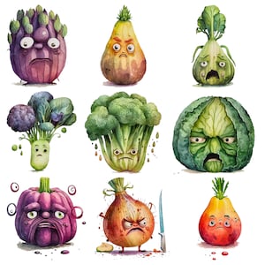The Grumpy Vegetables Clipart Set - Cute & Funny Cartoon Watercolor ...