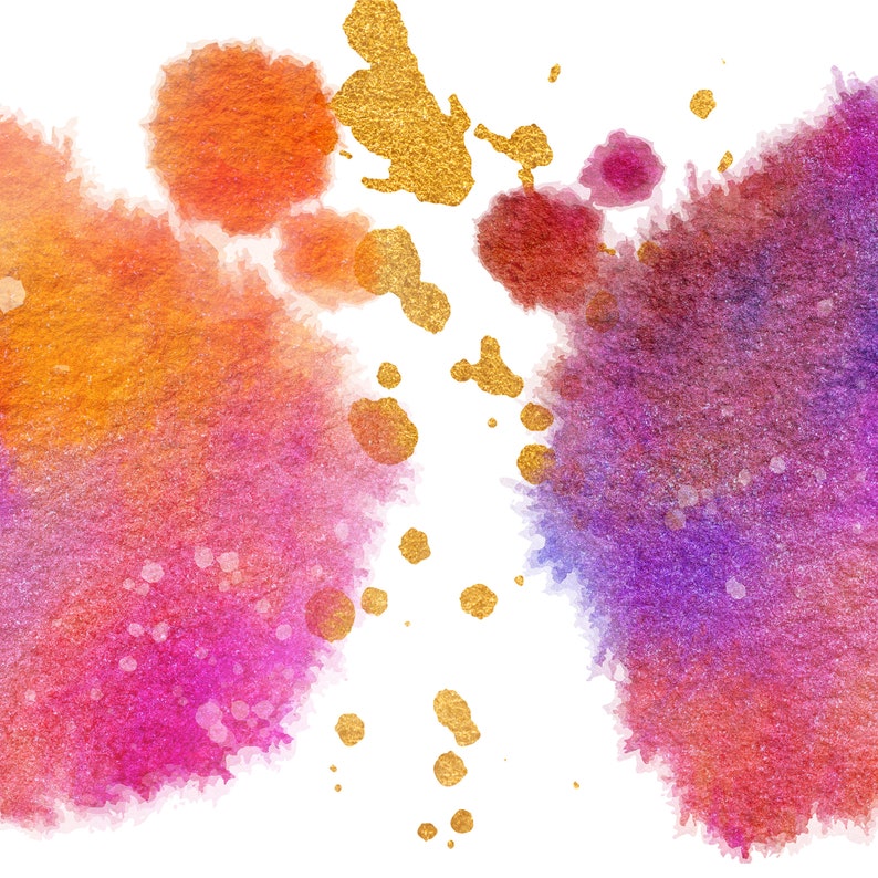 Watercolor Ink Stain Clipart: Blue, Purple, Orange With Gold Glitter ...