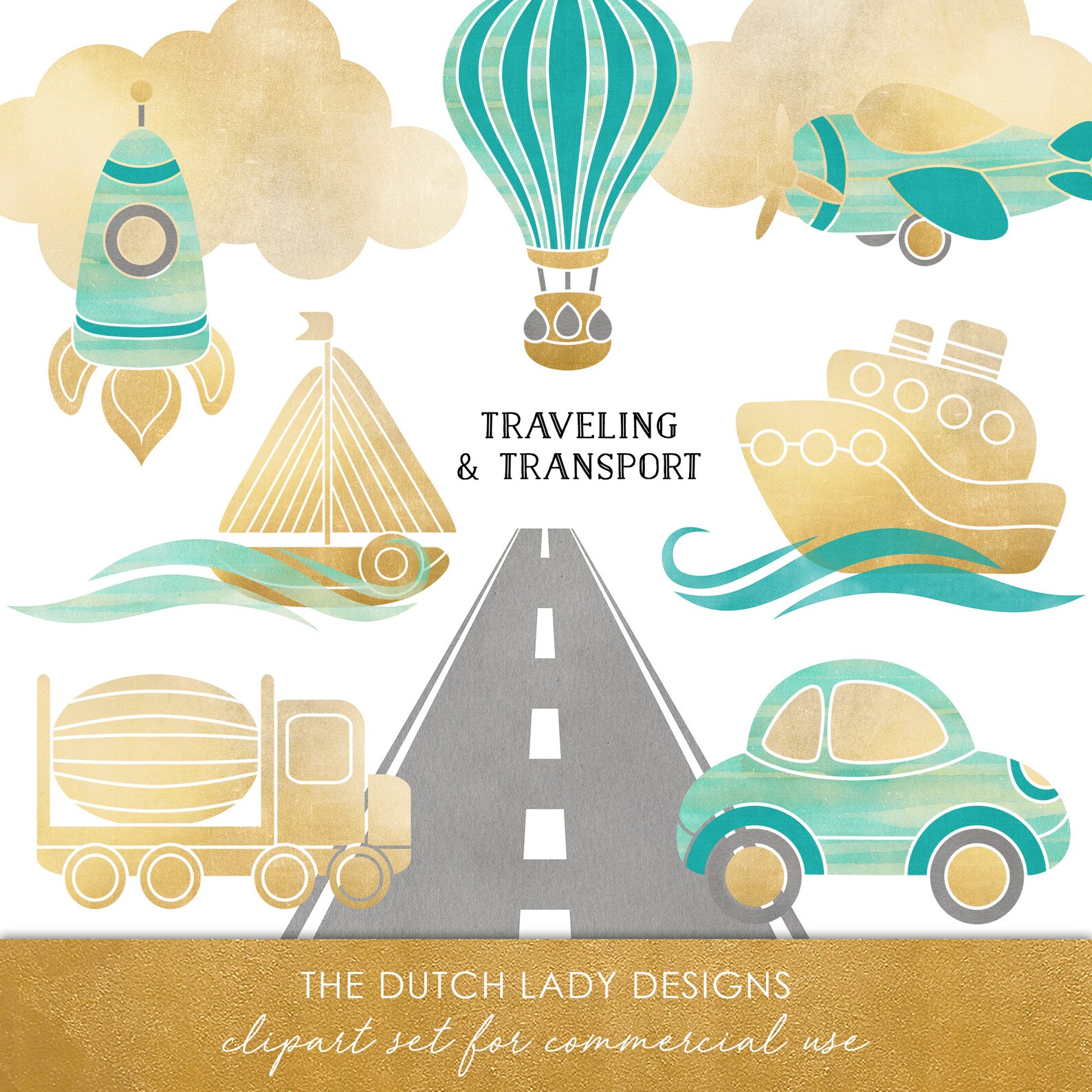 Transportation & Travel Clipart Set Golden Images Car - Etsy