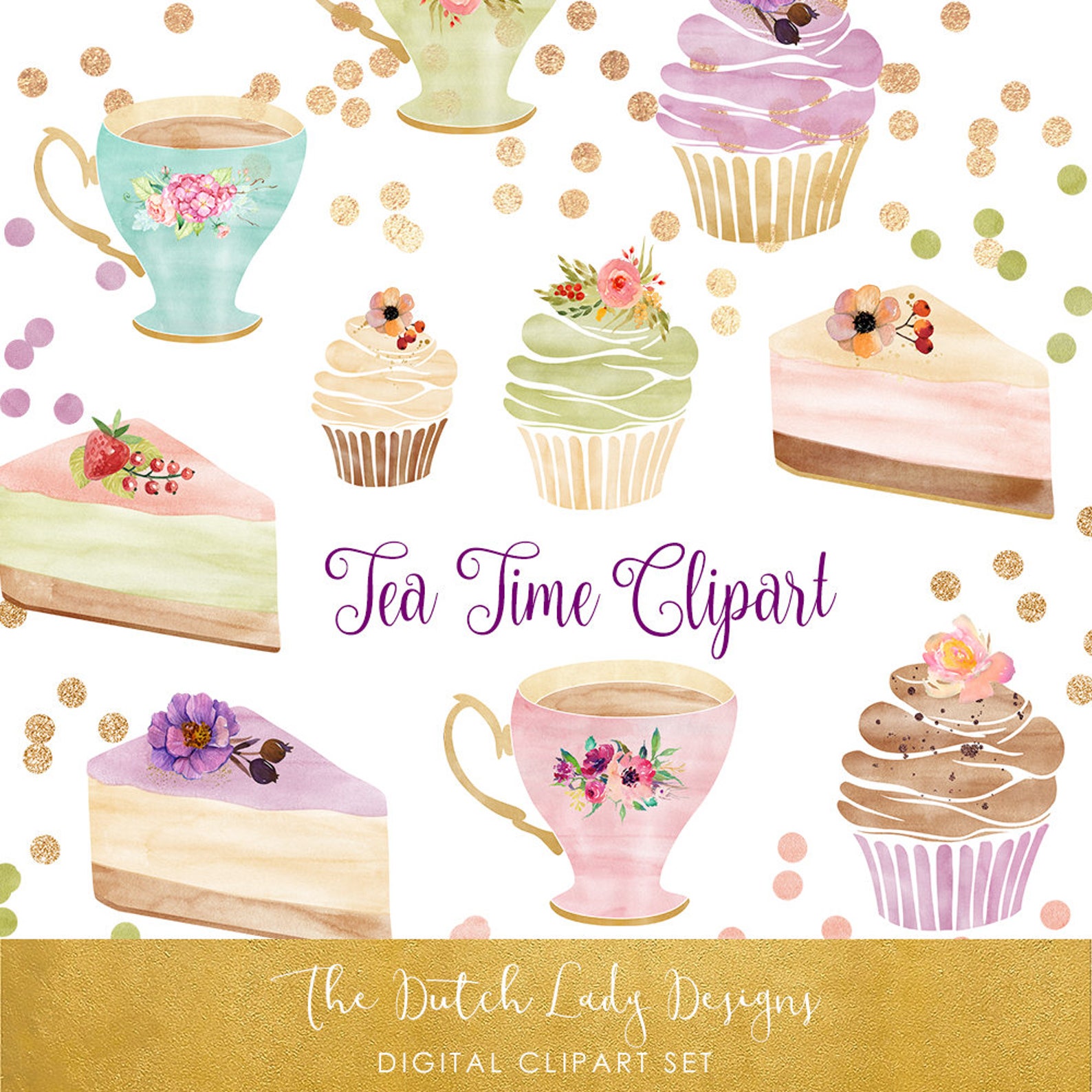 Watercolor Tea Party Clipart: Cakes, Teacups, Confetti (digital ...