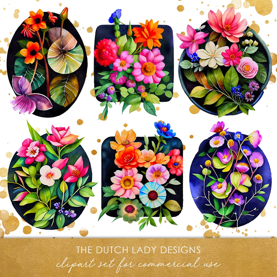 Botanical Flowers Clipart Set Flat Clipart Graphics Watercolor Floral ...