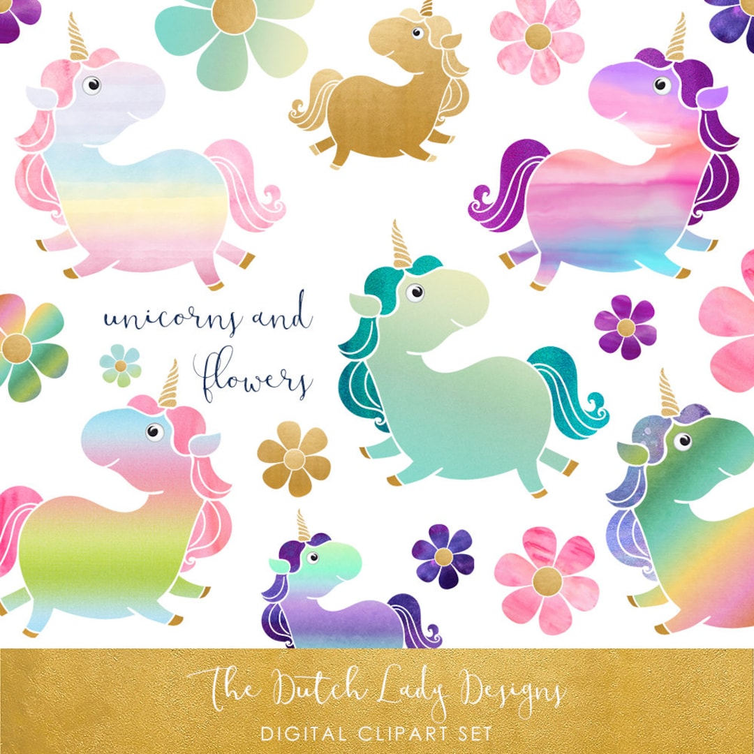 Cute Unicorn & Pony Clipart Set - Multicolor and Gold Style - INSTANT ...