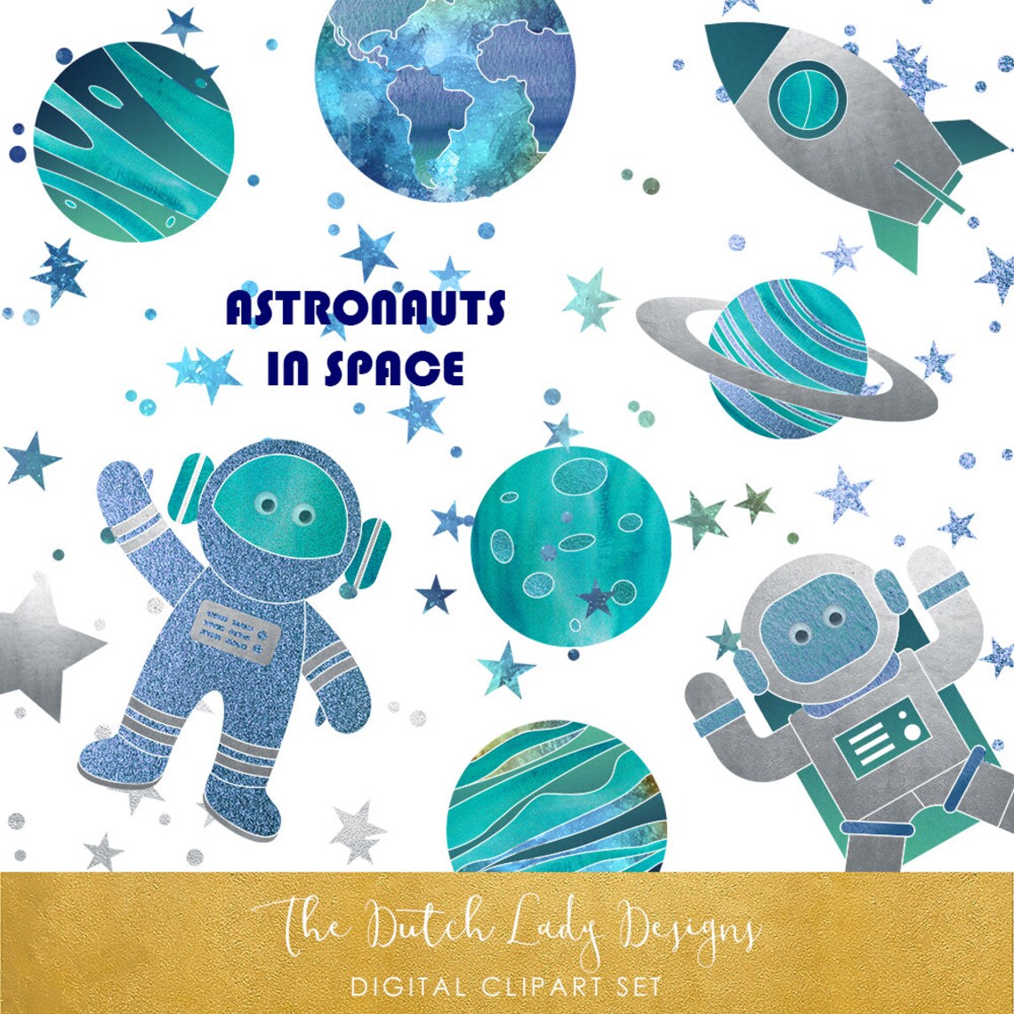 Space & Galaxy Clipart Set Cute Astronaut Rocket Planet | Etsy