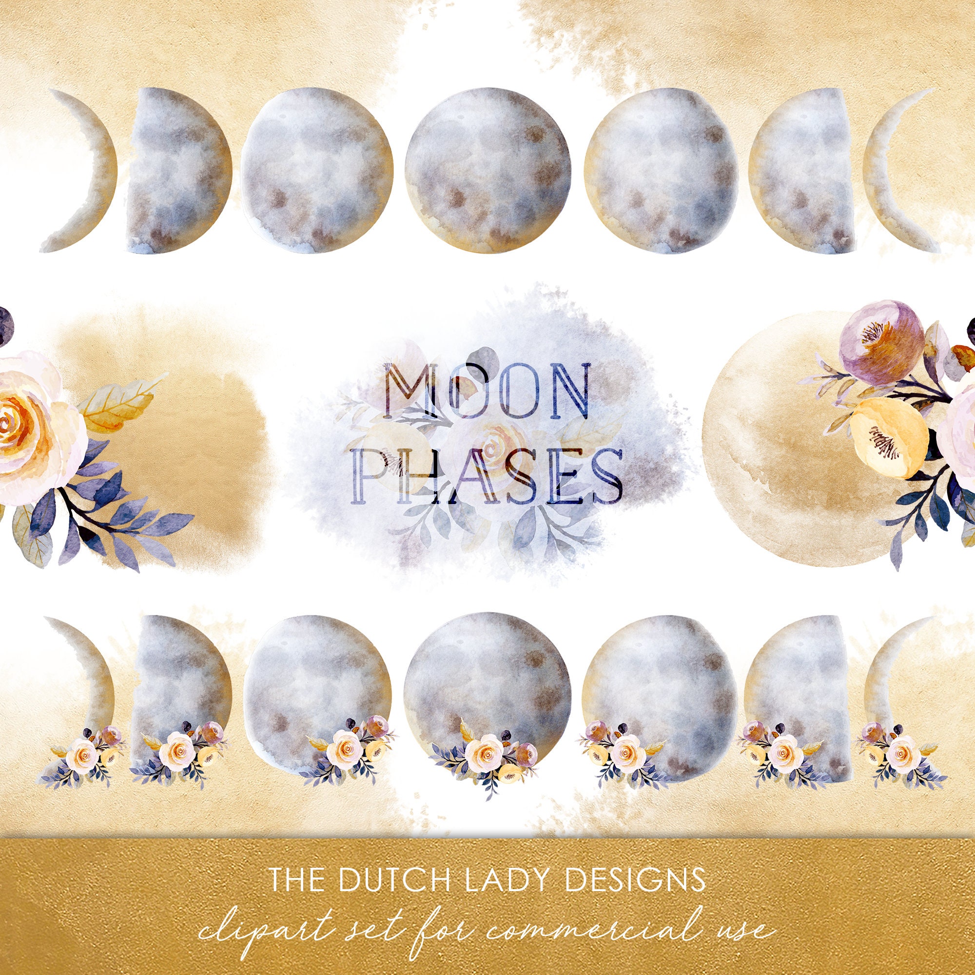 Moon Phases Clipart Set Watercolor Moons Floral Flowers - Etsy