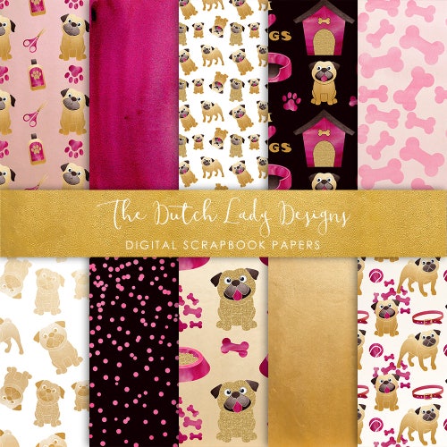 Digital Scrapbook Paper Cute Pugs Puppies & Dogs Fuchsia | Etsy