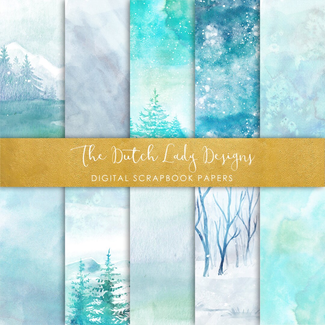 Digital Scrapbook Paper - Watercolor Winter and Ice Scenes - in Aqua ...