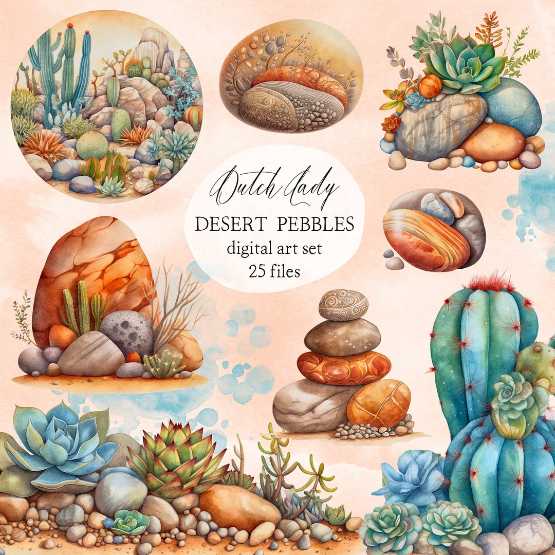 Desert Pebble & Succulent Clipart - Watercolor Pencil Art - Arizona ...