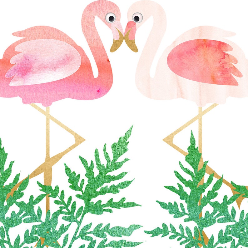 Flamingo Clipart Set With Tropical Leaves Watercolor & - Etsy