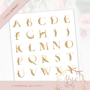 Alphabet & Number Clipart Set #2 - Watercolor Floral - Gold - Ampersand ...