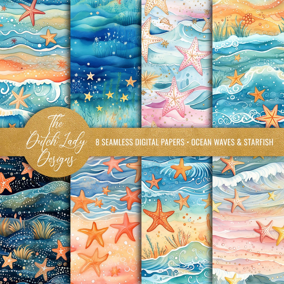 Ocean Waves & Starfish Digital Backgrounds - Printable Scrapbook Papers ...