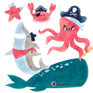 Pirates Clipart Set - Cute Watercolor - Sea Animals - Whale - Caribbean ...