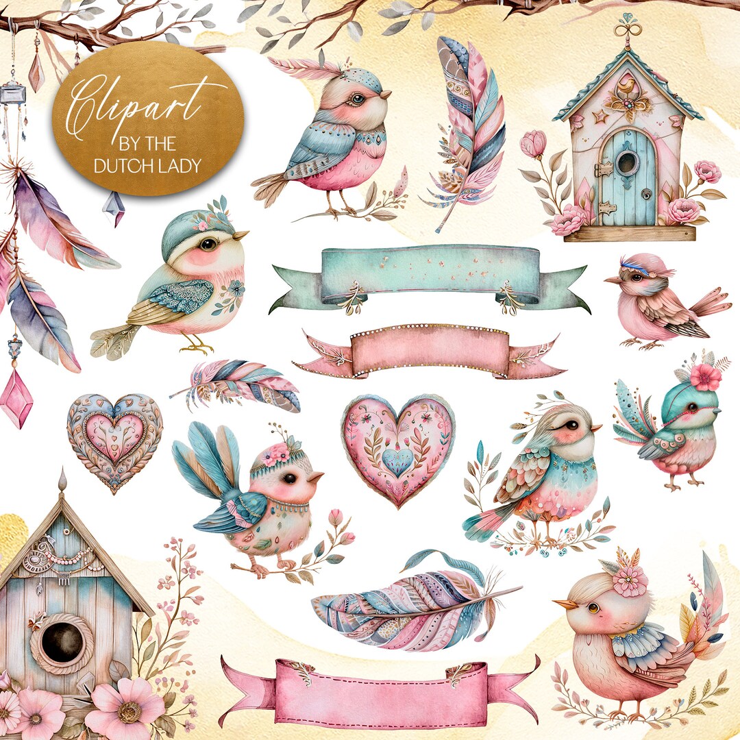 Bohemian Birds Clipart Set - Watercolor Spring Graphics - Boho Feathers ...