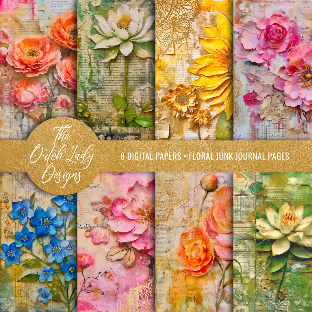 Floral Junk Journal Paper Set - Printable Scrapbook Decoupage Sheets ...