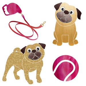 Pug & Puppy Clipart Set - Cute Dogs and Pet Accessories - Fuchsia Pink ...