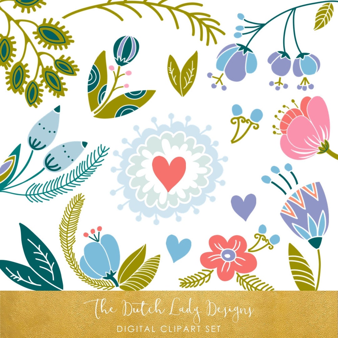Cute Floral Clipart Set Blue & Green Tones Flat Flower - Etsy