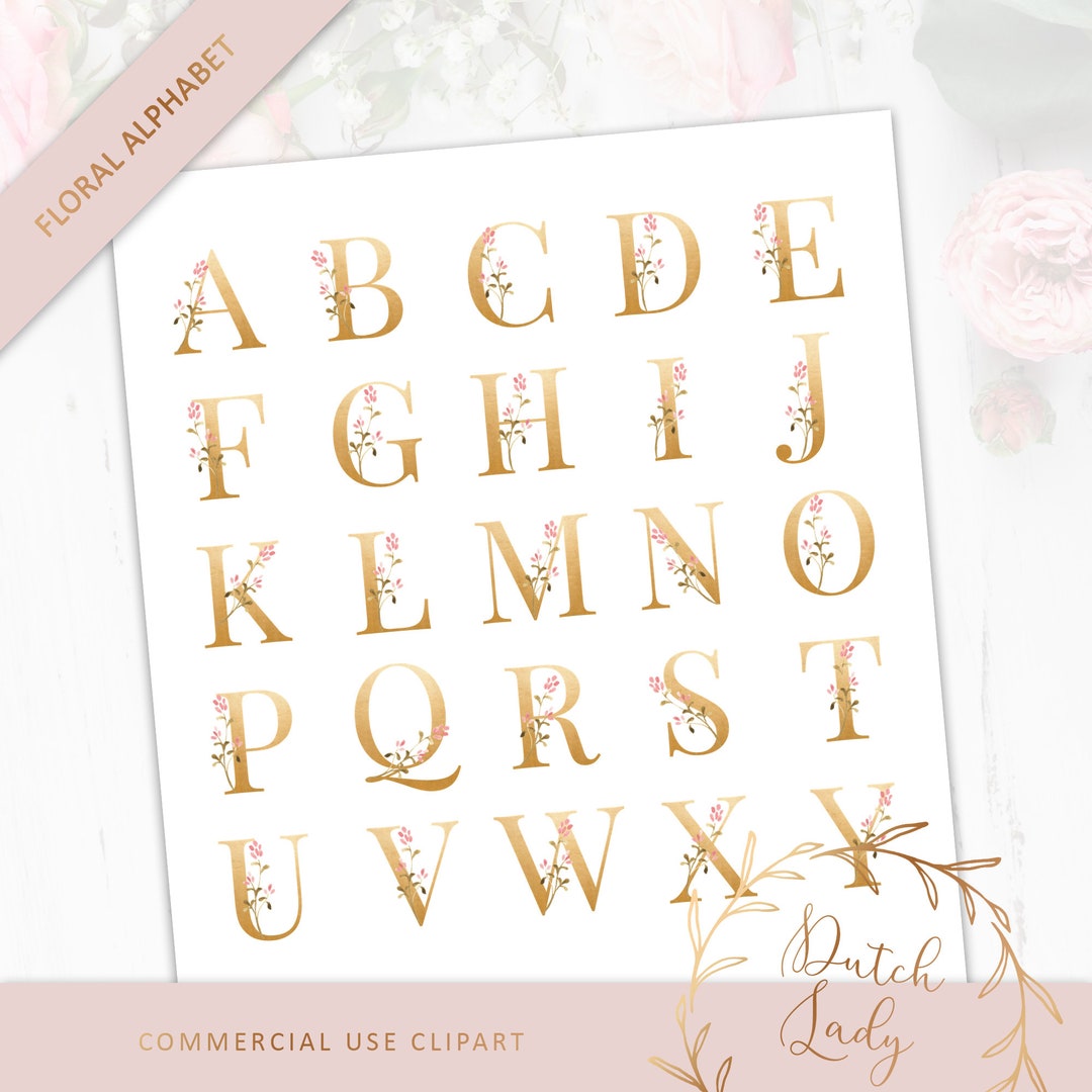 Watercolor Floral Alphabet Clipart: Gold Letters & Numbers (PNG Files ...