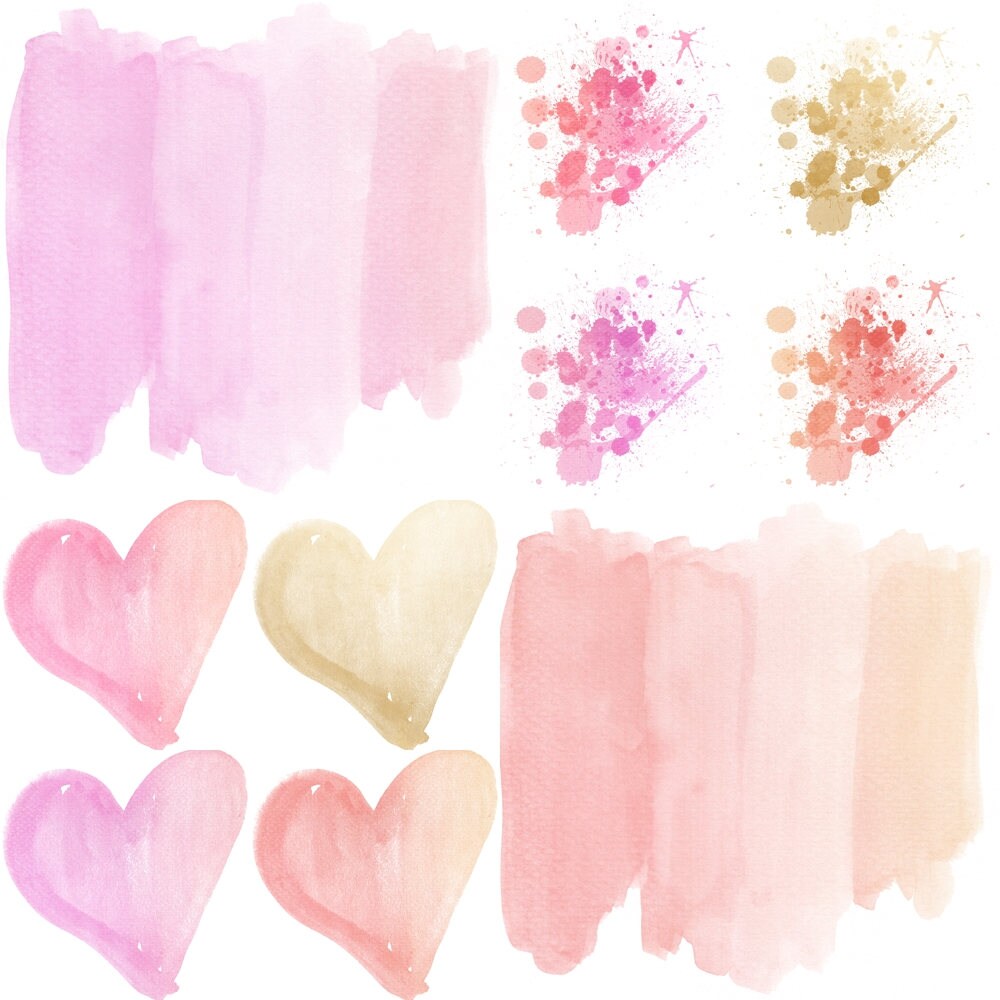 Watercolor Strokes Hearts & Ink Splatter Clipart Set | Etsy
