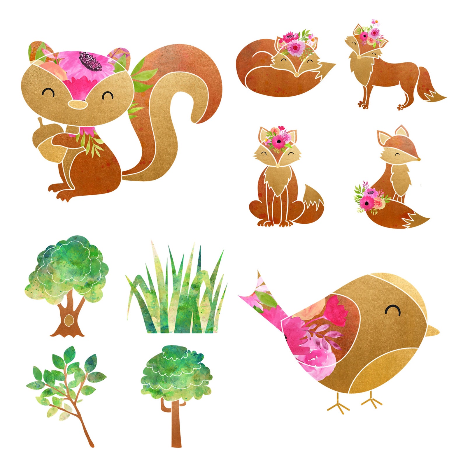 Fox & Forest Clipart Set Woodland Animals Snail Bird - Etsy