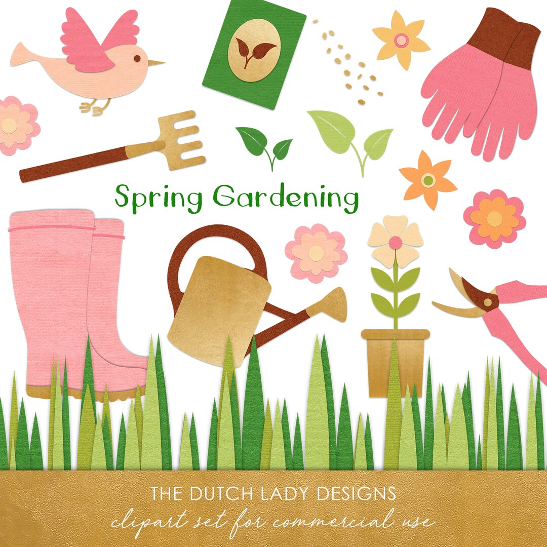 Gardening Clipart Set - Spring Garden - Tools, Plants, Flowers, Grass ...