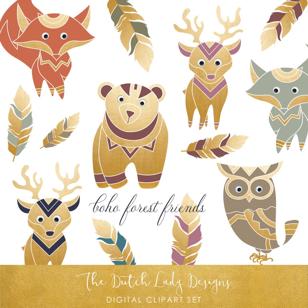 Boho Forest Friends Clipart Set - Ethnic & Bohemian Animals and ...