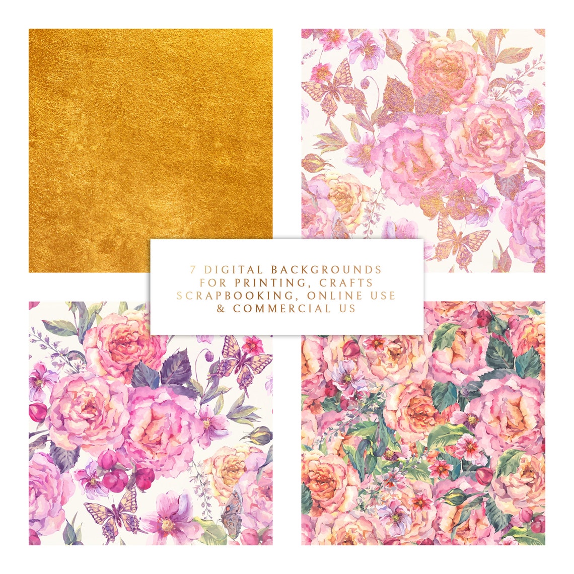 Vintage Floral Digital Paper Set: Scrapbook Texture Backgrounds (7 ...