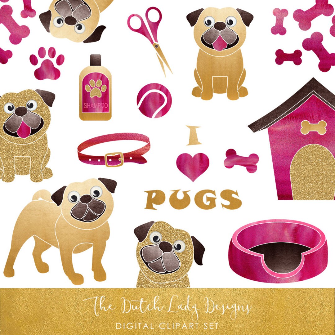 Pug & Puppy Clipart Set - Cute Dogs and Pet Accessories - Fuchsia Pink ...