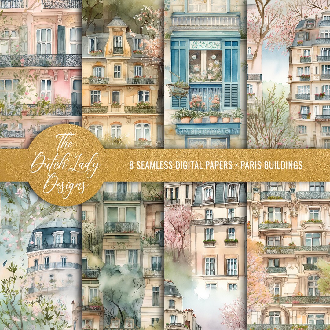 Watercolor Parisian Buildings Digital Backgrounds - Printable Scrapbook ...
