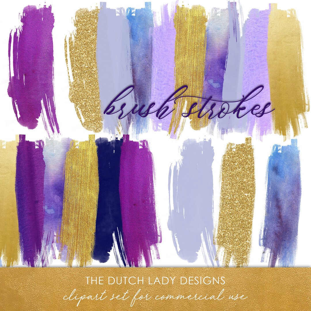 Watercolor Brush Stroke Clipart: Purple, Blue & Gold (PNG Images ...
