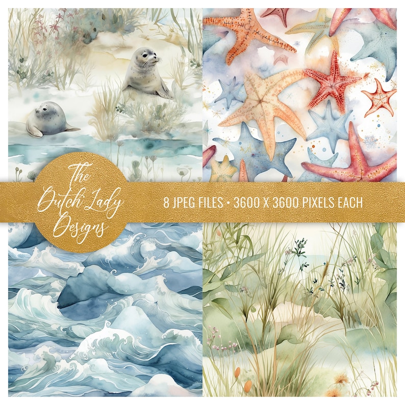 Watercolor Beach Digital Paper: Seamless Coastal Patterns (8 JPEG Files ...