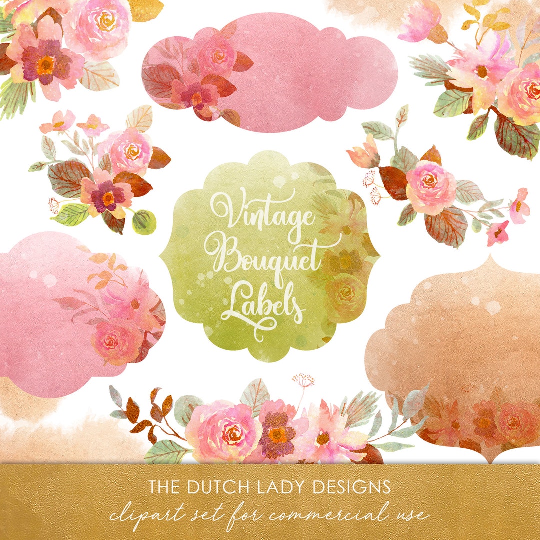 Vintage Bouquet & Label Clipart Set - Flowers - Floral Labels ...