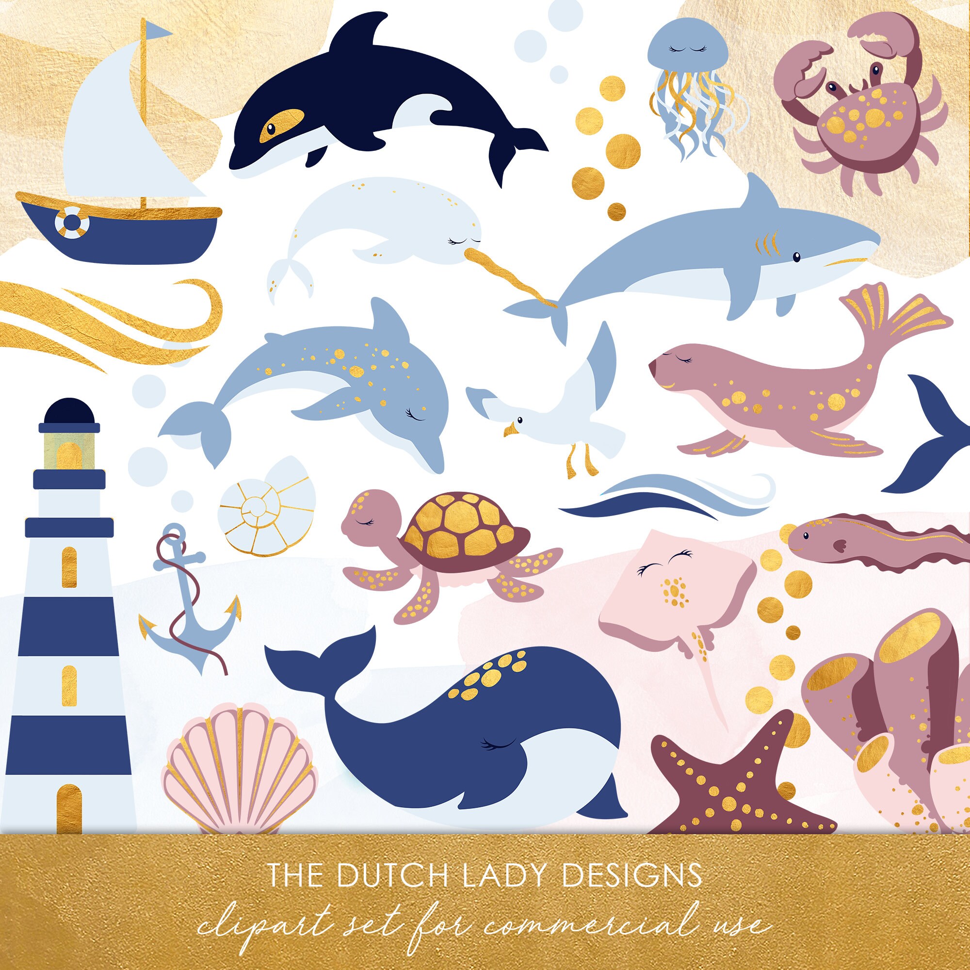 Sea Life Clipart Set Flat Clipart Graphics Nautical Images - Etsy