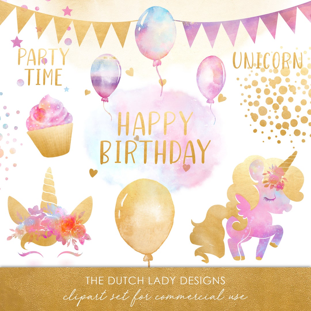 Unicorn Birthday Party Clipart Set - Watercolor Rainbow & Gold ...