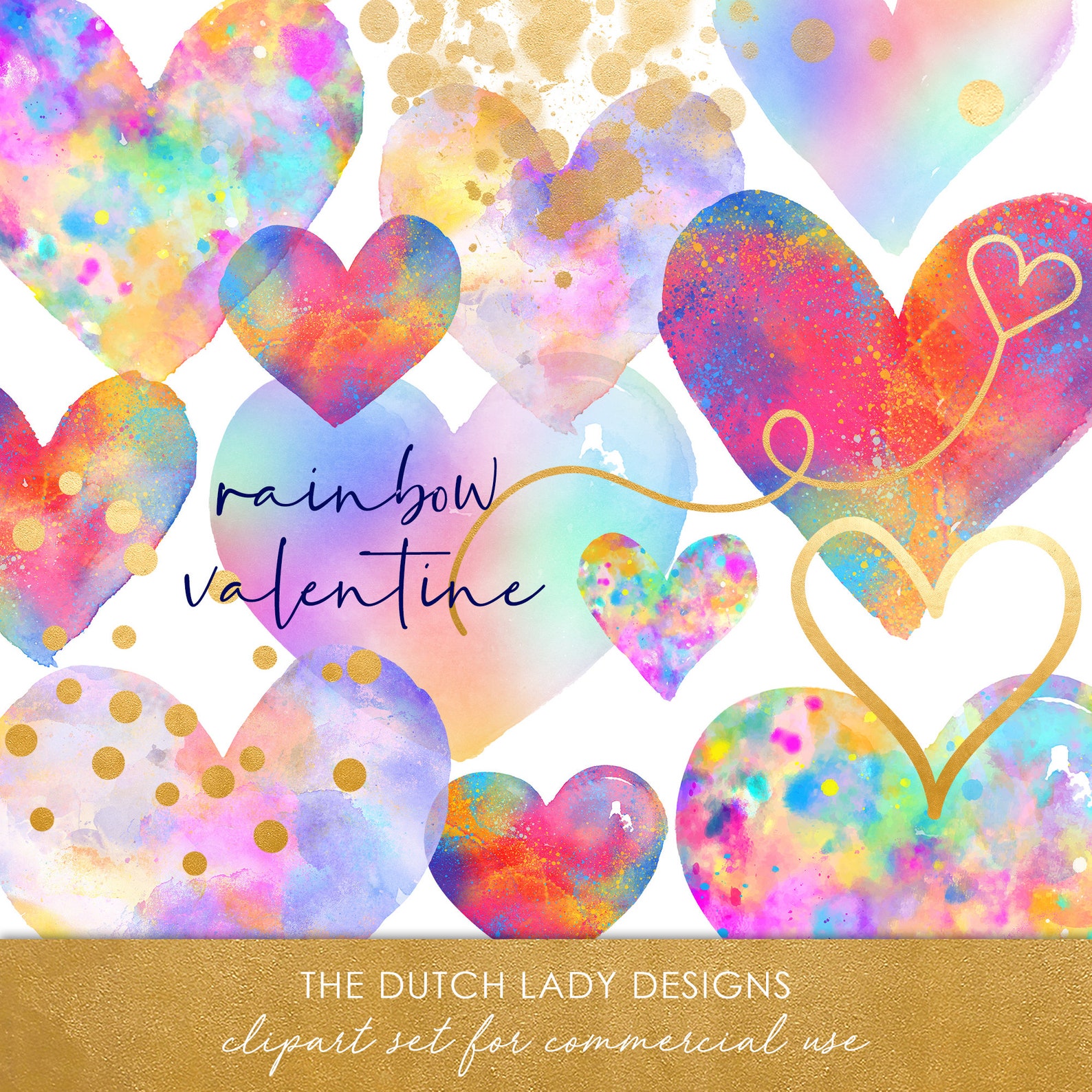 Valentine Heart Clipart Set Rainbow Hearts Golden Decorations Colorful ...