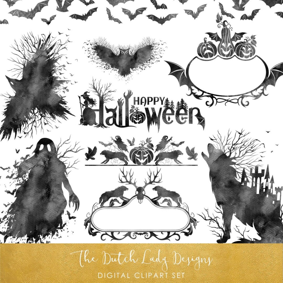 Creepy Halloween Clipart: Black Watercolor Spooky Images (PNG, Instant ...