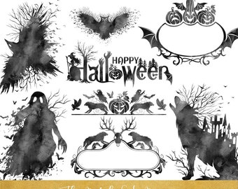Halloween Vector Silhouette Clip Art Raven Witch Black Cat - Etsy