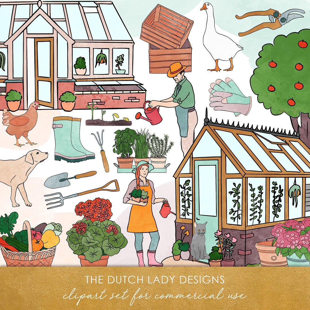 Garden Clipart Set - Flat Clipart Graphics - Gardeners - Greenhouses ...