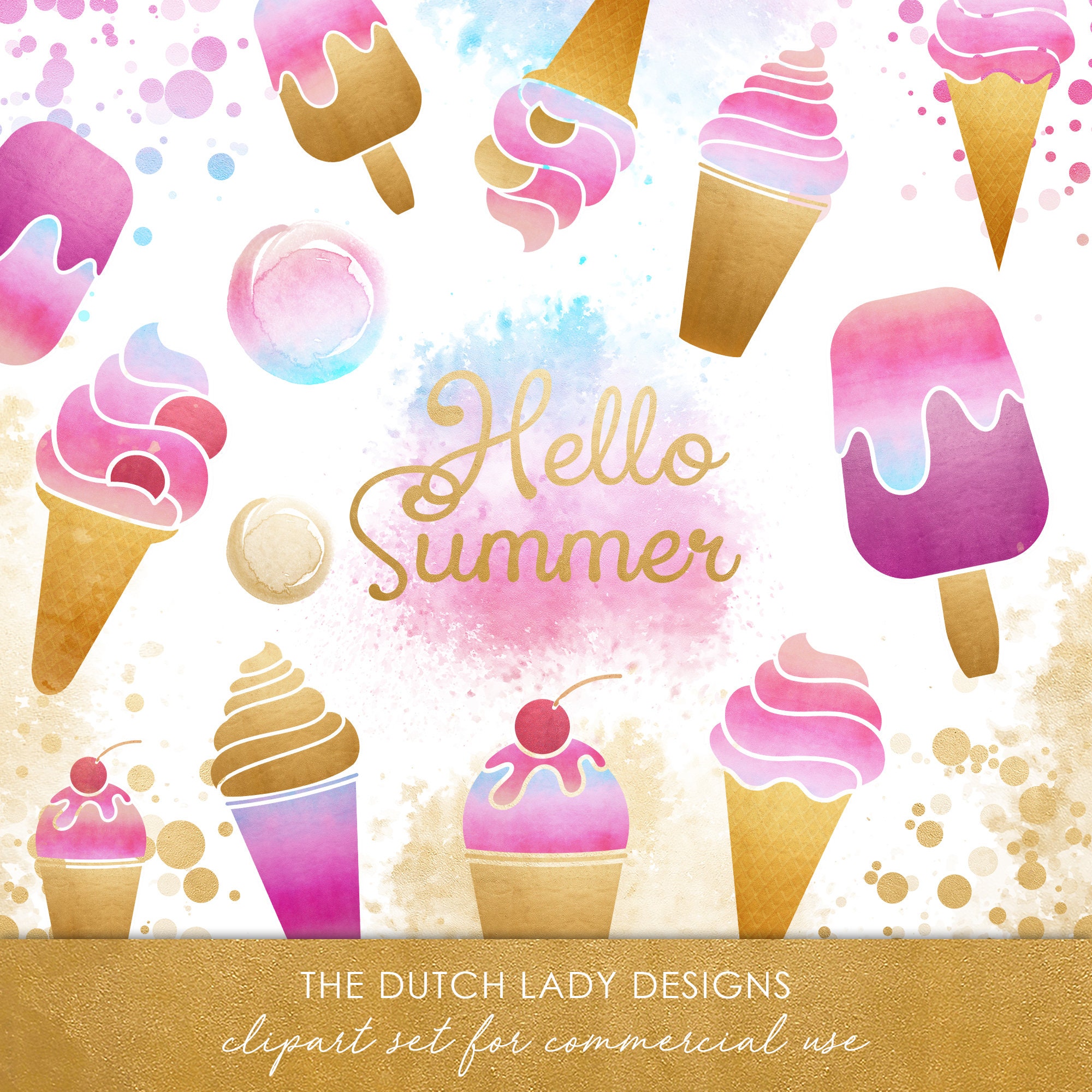 Summer Icecream Clipart Set Cones Popsicles Ink Splatter | Etsy