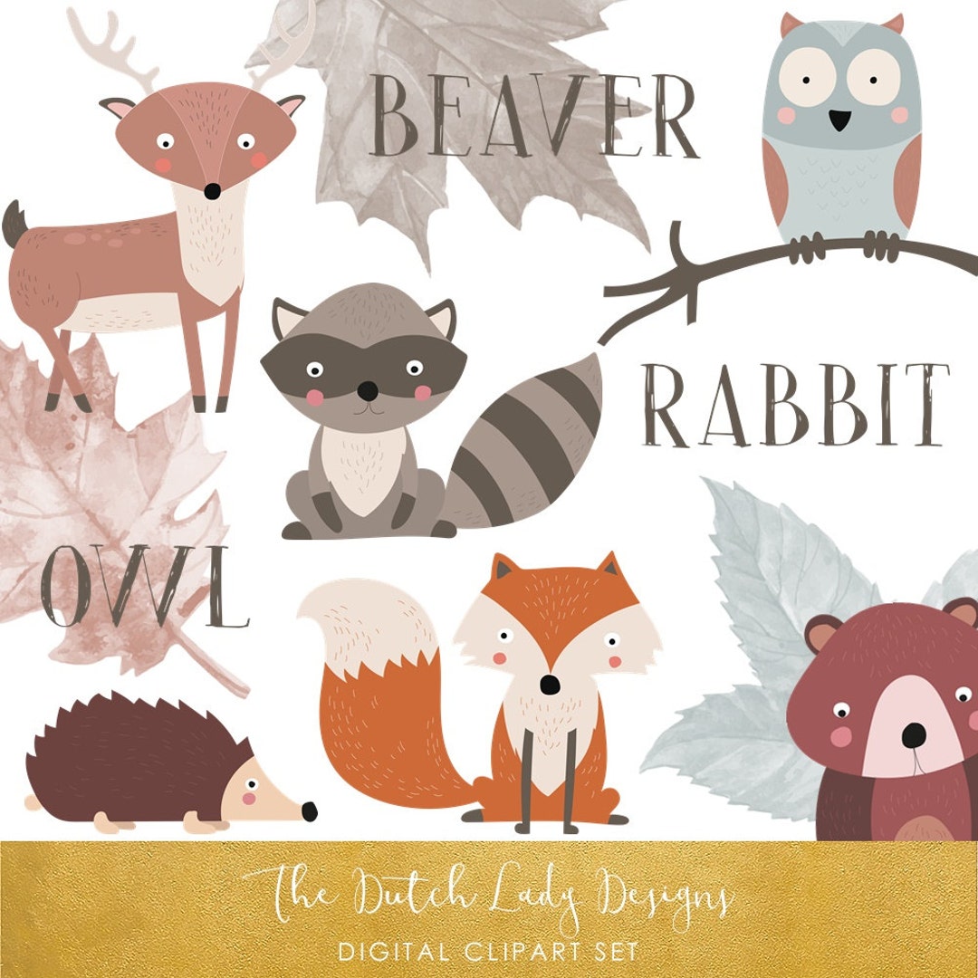 Cute Forest Animals Clipart Set - With Text & Watercolor Leaves ...