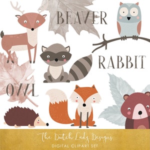 Cute Forest Animals Clipart Set - With Text & Watercolor Leaves ...