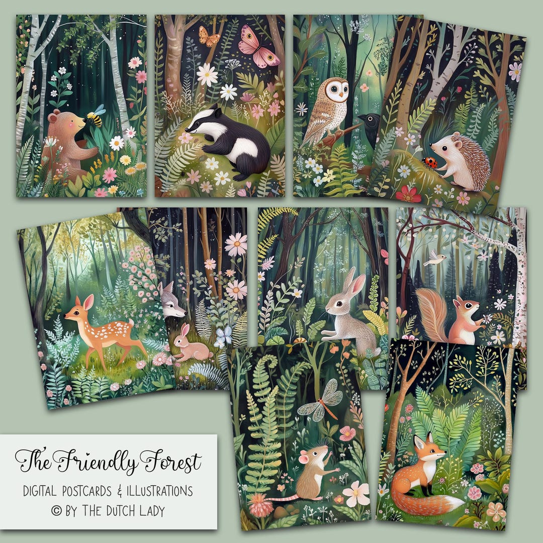 Woodland Animals Postcard & Art Print Set (digital Download) - Etsy