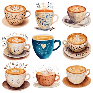 Folk Art Coffee Clipart Set - Hand Painted Style Cappuccino Graphics ...