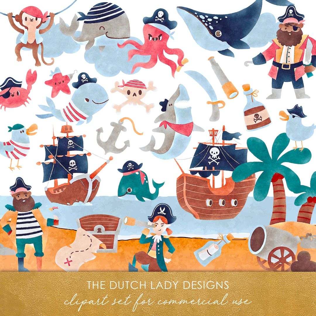 Pirates Clipart Set - Cute Watercolor - Sea Animals - Whale - Caribbean ...