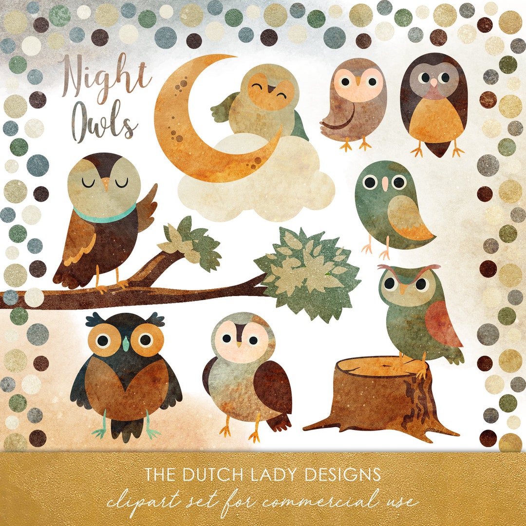 Owls in the Night Clipart Set - Cute Owls - Tree Stumps - Tree Branch ...
