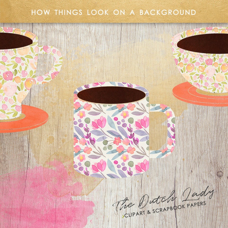 Watercolor Coffee Cup Clipart Set: Floral Coffee Time Graphics (PNG ...
