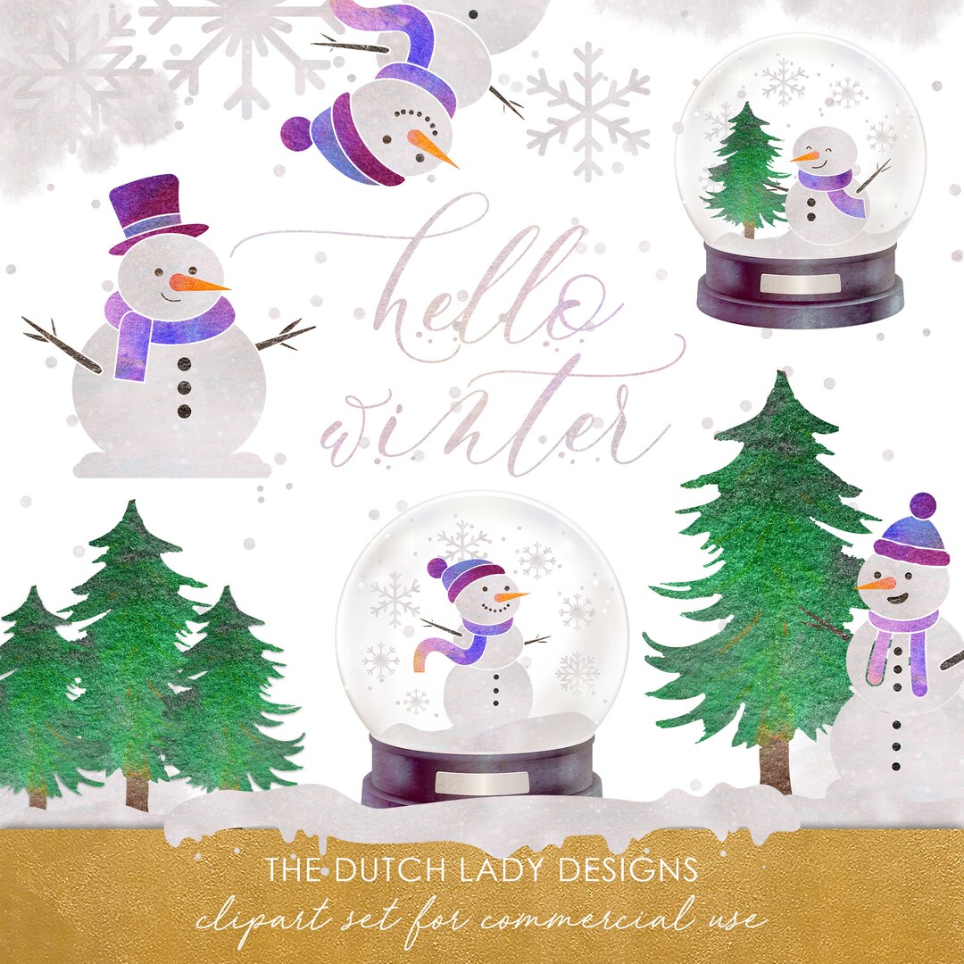 Snowman Clipart Set: Winter Snowglobes, Trees, Snowflakes (PNG, Instant ...