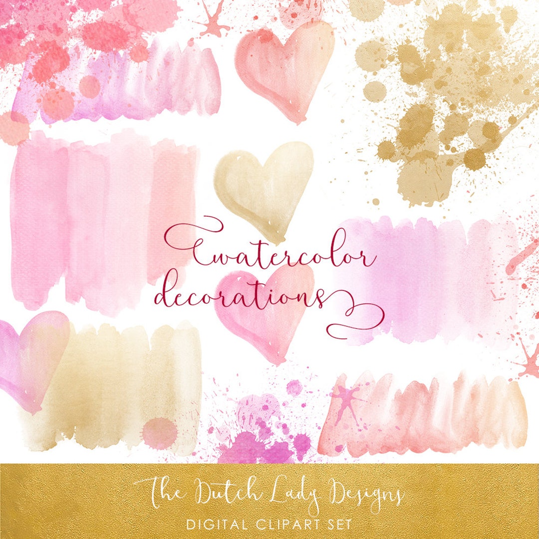Watercolor Strokes, Hearts & Ink Splatter Clipart Set - Decorations in ...