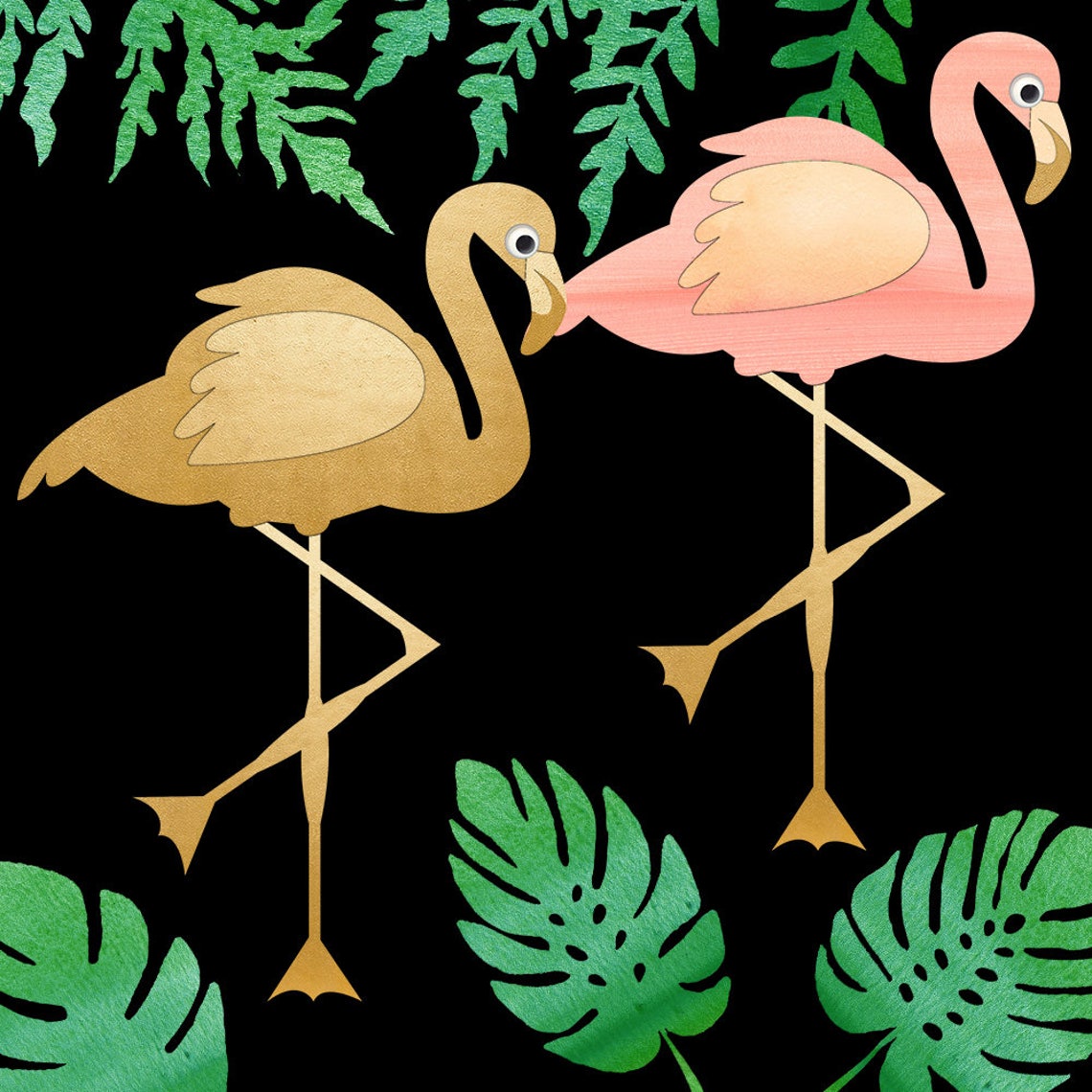 Flamingo Clipart Set With Tropical Leaves Watercolor & - Etsy