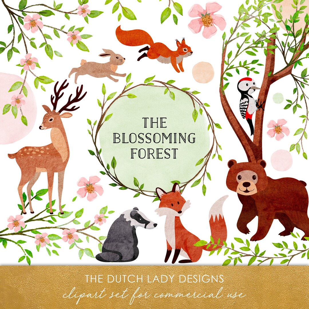 Watercolor Spring Forest Clipart: Woodland Animals & Blossoms (PNG ...