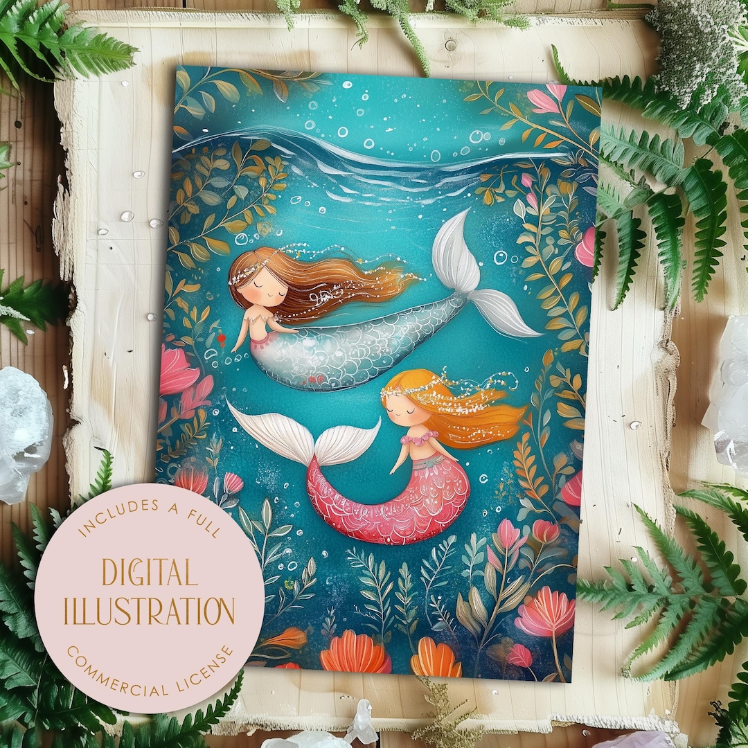 Playing Mermaids DIGITAL Illustration, Kids Storybook Art, Enchanted ...